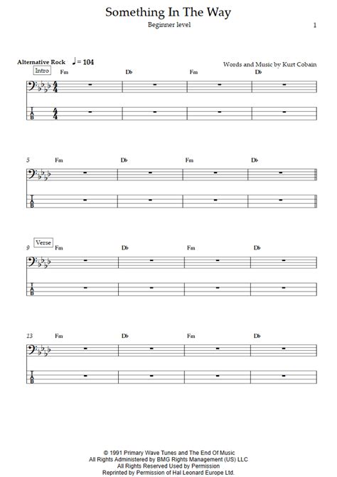 Something In The Way Beginner Level Nirvana Bass Tabs