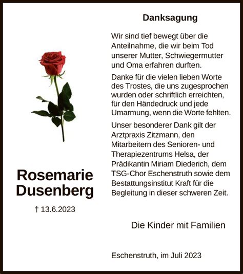Traueranzeigen Von Rosemarie Dusenberg Trauer Hna De