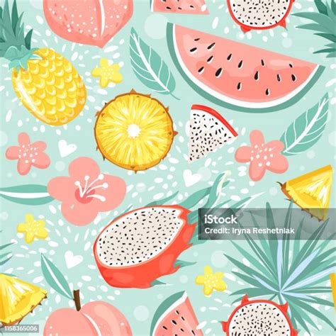 파인애플 드래곤 과일 수박 복숭아 꽃 잎과 마음과 현대 원활한 패턴 배경 주제에 대한 스톡 벡터 아트 및 기타 이미지 배경