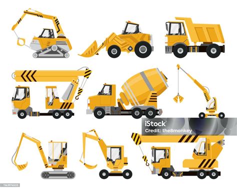 건설 장비의 큰 세트 건설 작업을위한 특수 기계 지게차 크레인 굴삭기 트랙터 불도저 트럭 특수 장비 도로 수리 상용차 개체 그룹에 대한 스톡 벡터 아트 및 기타 이미지
