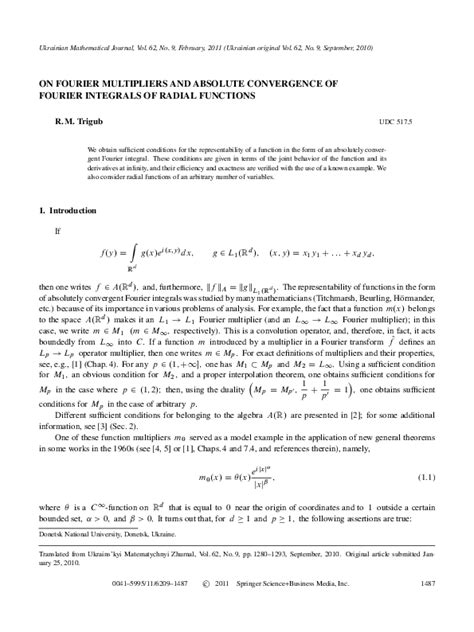 Pdf On Fourier Multipliers And Absolute Convergence Of Fourier Integrals Of Radial Functions