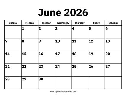 June 2026 Calendar A Printable Calendar
