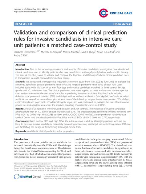 Pdf Validation And Comparison Of Clinical Prediction Rules For Invasive Candidiasis In