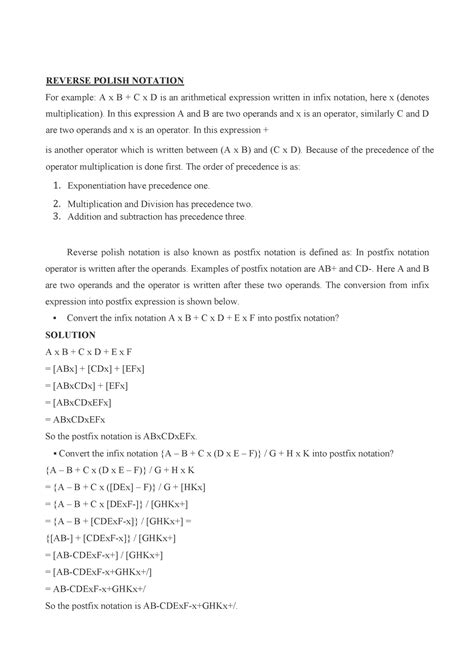 Fundamentals Of Computer Programming5 Reverse Polish Notation For Example A X B C X D Is An