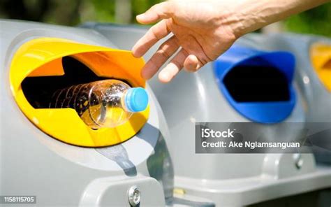 โปรดทิ้งขวดพลาสติกลงในถัง คนโยนขยะในถังขยะโดยแยกขยะที่จะทิ้งเช่นของเสียที่เป็นอันตราย ภาพสต็อก