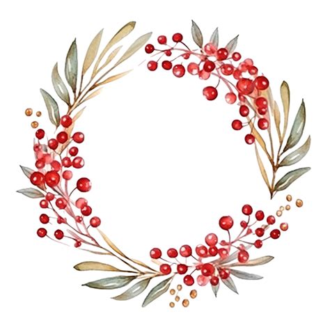 Watercolor Christmas Leaf And Red Berry Wreath With Golden Frame