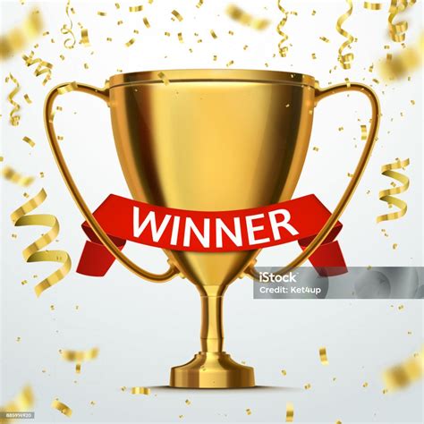 우승자 개념입니다 골든 색종이와 빨간 리본 트로피 컵입니다 벡터 상에 대한 스톡 벡터 아트 및 기타 이미지 상 색종이 조각