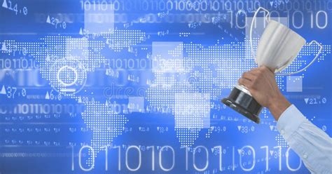 Digital Image Of Hand Holding Trophy Against Binary Code Stock