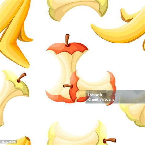 완벽 한 패턴입니다 유기 쓰레기입니다 애플 스텁 및 바나나 껍질 오염 환경 및 생태에 대 한 만화 디자인 요소입니다 흰색 바탕에 평면 벡터 일러스트 레이 션 0명에 대한