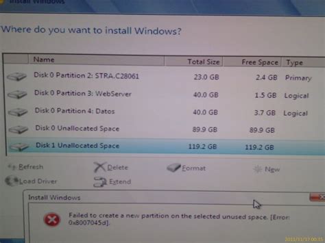 Failed To Create A New Partition On The Selected Unused Space