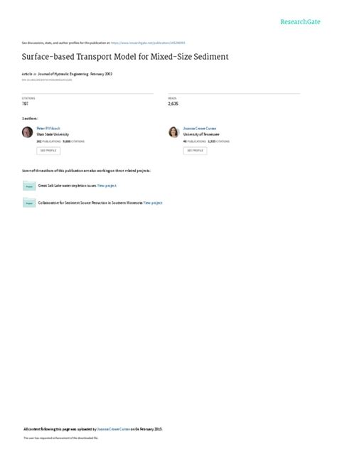 Surface Based Transport Model For Mixed Size Sediment Journal Of Hydraulic Engineering February