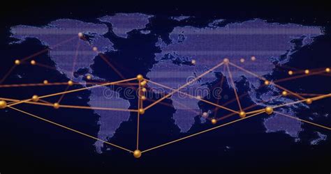 Initial Signal Starting Network Nodes Expanding And Linking Over Dotted Map Showing World Data