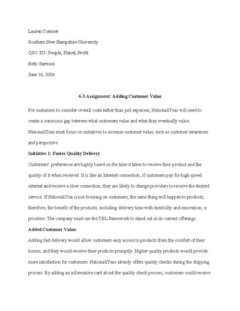 6 3 Assignment Adding Customer Value Lauren Cormier Southern New Hampshire University Qso 321