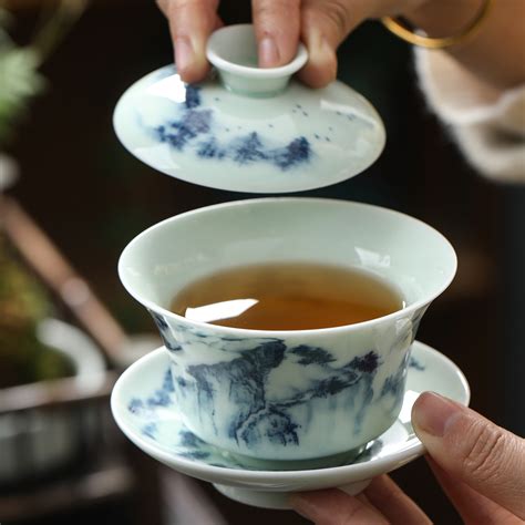 京腾佳盛工夫茶具高档家用办公贴花梅子青山水富贵品茗三才盖碗 虎窝淘