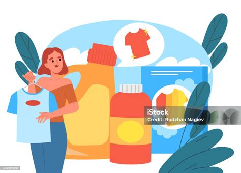 여자는 깨끗한 옷입니다 손에 Tshirt를 들고 청소 제품과 파우더 근처에 있는 소녀 가사 및 집안일 청결과 위생 일상 및 집안일 평면 벡터 일러스트 레이 션 가사 집안일에