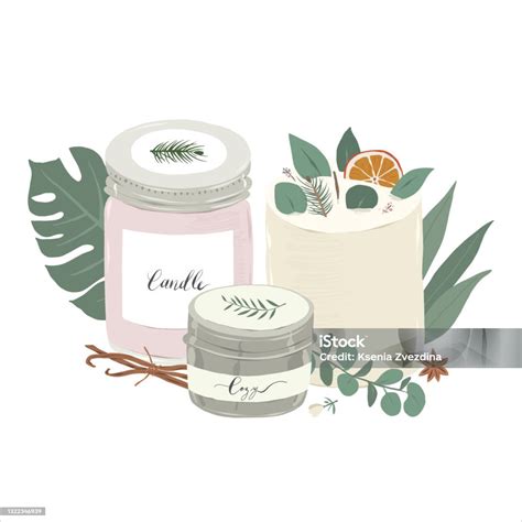 항아리와 주석에 향기로운 천연 왁스 양초 식물 잎 아로마테라피 및 웰빙 컨셉으로 장식 된 다양한 향기로운 양초 구성 0명에 대한 스톡 벡터 아트 및 기타 이미지 Istock