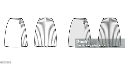 스커트 킬트 랩 테크니컬 패션 일러스트와 스트레이트 니 실루엣 카라비너 커넥터 플랫 하의 클로즈 0명에 대한 스톡 벡터 아트 및