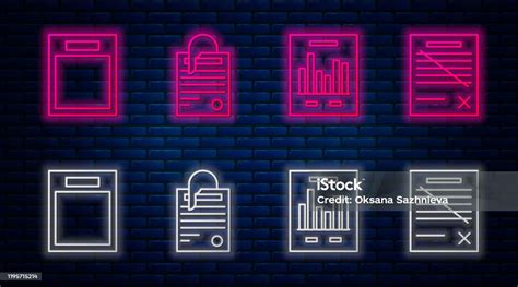 라인 파일 문서 및 종이 클립 그래프 차트가있는 문서 빈 양식 및 파일 문서 삭제를 설정합니다 벽돌 벽에 빛나는 네온