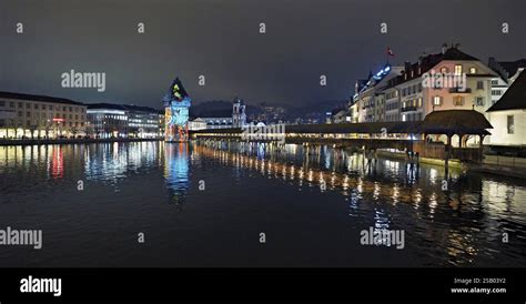 Wassertum With Light Installation Chapel Bridge On The Right Jesuit