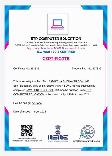 Samiksha Sonune On Linkedin Javascript Webdevelopment Certification