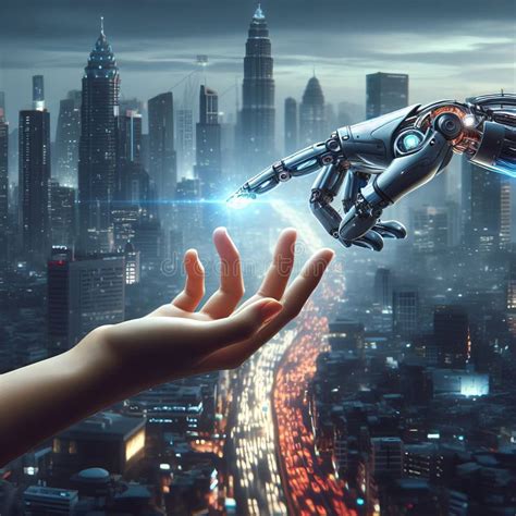 Human And Robotic Hand Interaction Over Urban Skyline Stock Image Image Of Technology