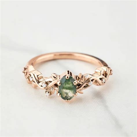 Oval Cut Natural Moss Agate Ring Sterling Silver Rose Gold Engagement
