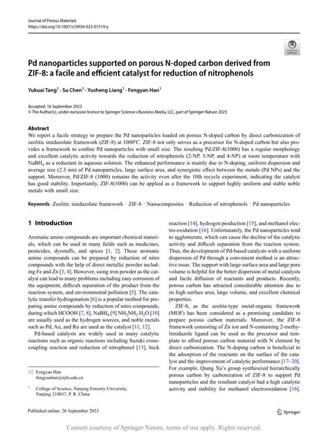 Pd Nanoparticles Supported On Porous N Doped Carbon Derived From Zif 8