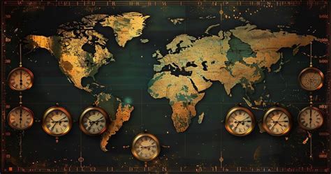 Detailed Globe Map With Time Zones And Clocks Indicating Key Cities
