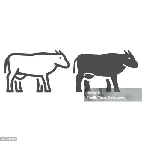 소 라인과 단단한 아이콘 가축 개념 흰색 배경에 소 가축 기호 모바일 개념 및 웹 디자인을위한 윤곽 스타일의 유제품 암소 실루엣 아이콘 벡터 그래픽 가축에 대한 스톡 벡터