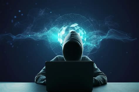 Premium Photo Hacker Using Laptop At Desktop With Creative Glowing