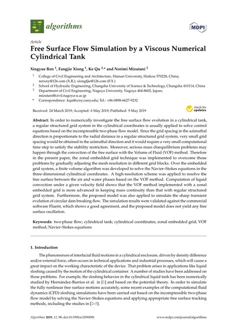 Pdf Free Surface Flow Simulation By A Viscous Numerical Cylindrical Tank