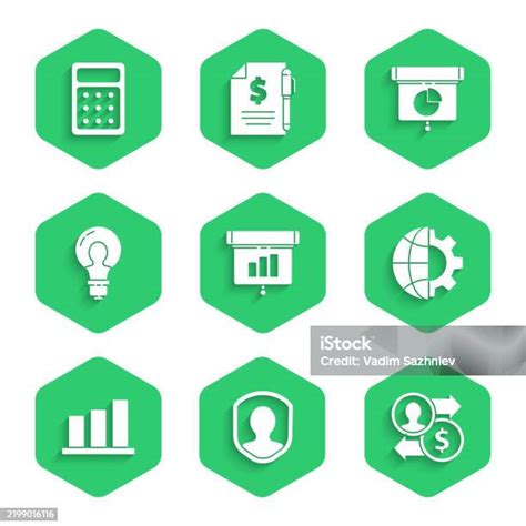 세트 그래프 차트 다이어그램 인포 그래픽 사용자 보호 직업 승진 교환 돈 지구와 기어의 지구본 파이 개념 아이디어와 전구 및 계산기 아이콘 벡터 개념에 대한 스톡 벡터 아트