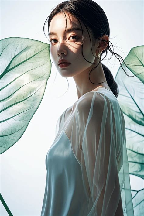 拍摄，美丽的全身模特，朦胧感，站在高大“透明”的玻璃树叶间，高级感，面部细节完美，人物细节精致，浅色飘逸的服装，半身肖像，大光圈，细腻的光泽，8k渐变半透明玻璃 7 花瓣网