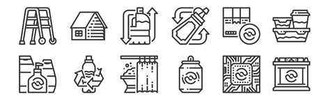 선형 재활용 아이콘 12세트 배터리 청량 음료 캔 물병 골판지 상자 우유 병 웹 용 집 모바일과 같은 얇은 윤곽 아이콘 날씬한에 대한 스톡 벡터 아트 및 기타 이미지