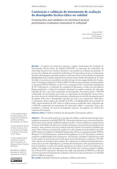 Pdf Construction And Validation Of A Technical Tactical Performance Evaluation Instrument In