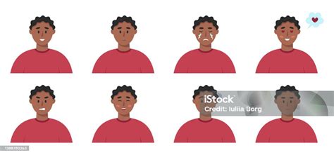 아프리카 계 미국인 남자 감정 설정 다른 얼굴 아바타 사람의 얼굴 표정 아이콘 개성 개념에 대한 스톡 벡터 아트 및 기타 이미지 개성 개념 개체 그룹 귀여운 Istock