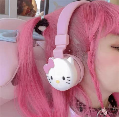 [정품] 산리오 블루투스 헤드폰 헬로 키티 무선 헤드셋 만화 마이크 접이식 경량 이어폰 휴대폰 노트북 선물 핑크 에이블리