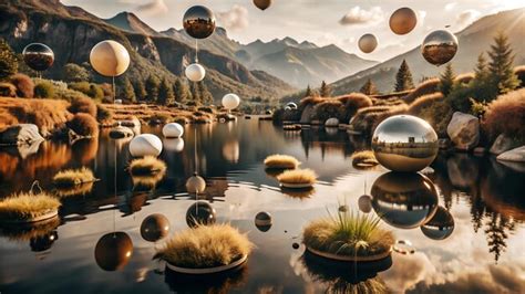 A Surreal Composition Of Floating Objects In A Landscape With Soft Colors And Dreamlike Elements