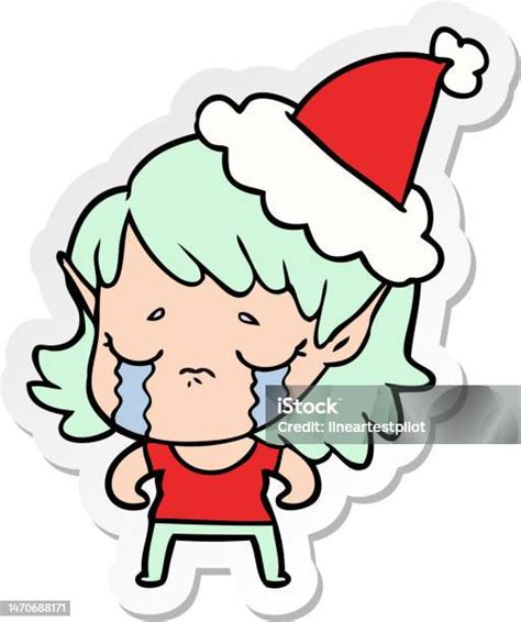 산타 모자를 쓰고 우는 엘프 소녀의 손으로 그린 스티커 만화 꼬마 요정에 대한 스톡 벡터 아트 및 기타 이미지 꼬마 요정 낙서 드로잉 데칼 Istock