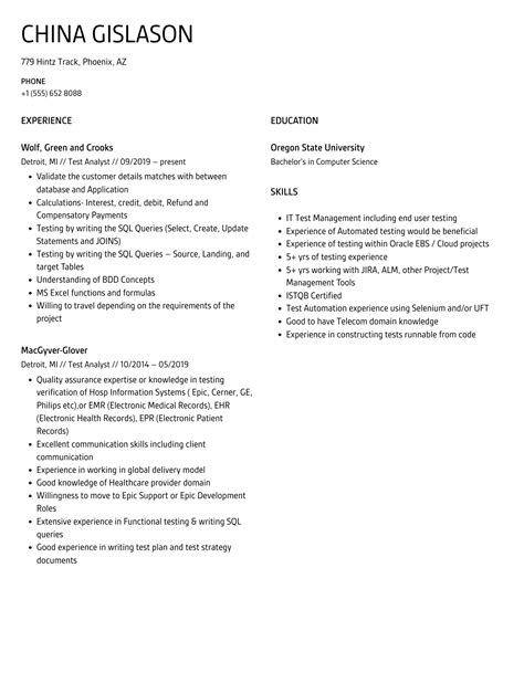 Test Analyst Resume Samples Velvet Jobs