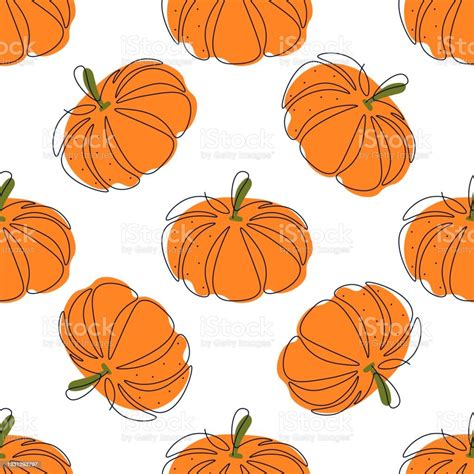 흰색 배경에 호박과 매끄러운 패턴 직물이나 종이에 인쇄하기위한 가을 패턴 색상이 있는 단일 선 도면 플랫 벡터 그림입니다 10월에 대한 스톡 벡터 아트 및 기타 이미지
