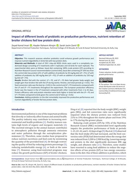 Pdf Impact Of Different Levels Of Probiotic On Productive Performance Nutrient Retention Of