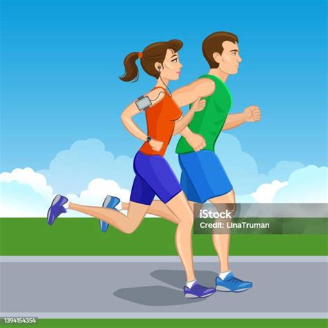 주자의 그림 커플 달리기 건강 의식 개념 스포티 한 여자와 남자 조깅 건강한 생활방식에 대한 스톡 벡터 아트 및 기타 이미지 건강한 생활방식 남자 단거리 경기