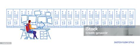 남자 앉아 직장 책상 데이터 센터 룸 호스팅 서버 컴퓨터 모니터링 개념 정보 데이터베이스 후면 보기 작업자 스케치 흐름 스타일 수평 배너 낙서 드로잉에 대한 스톡 벡터 아트