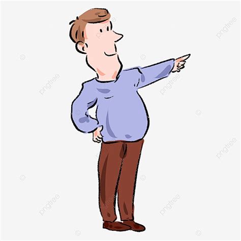 A Man Pointing At Something While Wearing A Blue Shirt And Brown Pants Cartoon Character Png