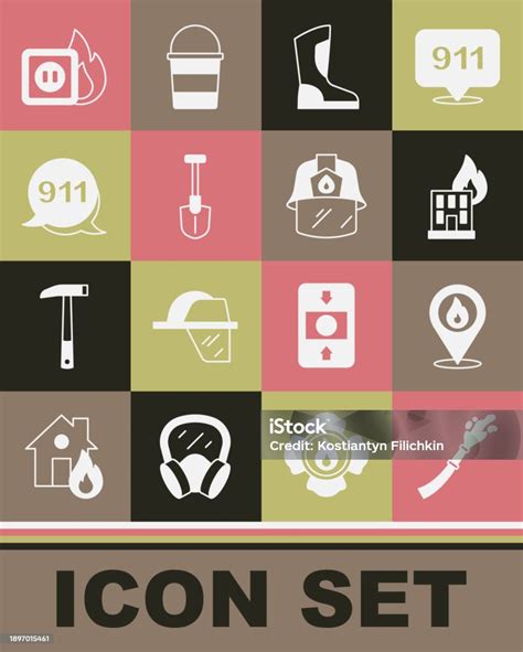 소방 호스 릴 화재 화염이 있는 위치 불타는 건물 부츠 삽 비상 전화 911 소켓의 전기 배선 및 소방관 헬멧 아이콘을 설정합니다 벡터 건축하기에 대한 스톡 벡터 아트 및