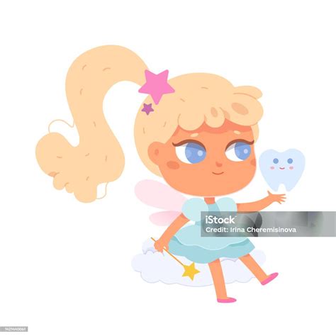 치아 요정과 어린이 어금니 캐릭터 벡터 일러스트레이션 분홍색 나비 날개와 드레스 걷기 쾌활한 작은 재미있는 대모가 치아를 잃는 아기를 방문하는 만화 고립 된 귀여운 소녀