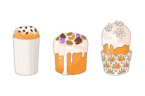 부활절 케이크 세트 봄 휴가에 집을 장식하기 위한 4월의 전통적인 부활절 축하 이미지 벡터 그림을 입힌 달콤한 패스트리 프리미엄 벡터