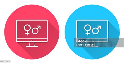 성별 기호가 있는 데스크톱 컴퓨터 빨간색 또는 파란색 배경에 긴 그림자가 있는 둥근 아이콘 0명에 대한 스톡 벡터 아트 및 기타 이미지 Istock