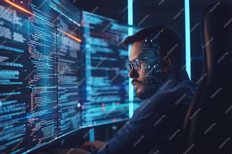 Premium Photo Man Programmer Code On Computer Screen With Cybersecurity Hologram